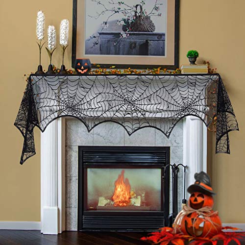 Lulu Home Halloween Fireplace Decorations, Fireplace Mantle Scarf Cover, Black Lace Spider Web for Door, Window and Fireplace Decoration, Halloween Decorations