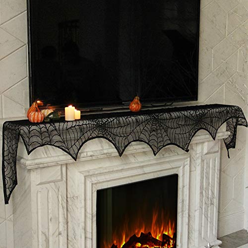 Lulu Home Halloween Fireplace Decorations, Fireplace Mantle Scarf Cover, Black Lace Spider Web for Door, Window and Fireplace Decoration, Halloween Decorations