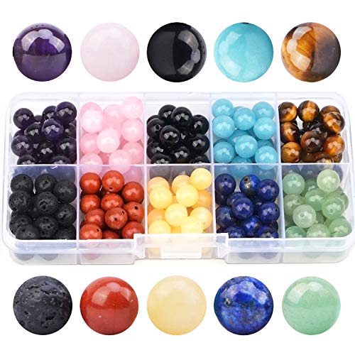 FYGEM Natural Stone Beads 200pcs Mixed 8mm Round Genuine Real Beading Loose Gemstone Hole Size 1mm DIY Charm Smooth Beads for Bracelet Necklace Earrings Jewelry Making (Stone Beads Mix 200pcs, 8MM)