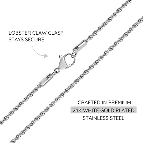 KISPER 24k White Gold Rope Chain Necklace –Thin, Dainty, White Gold Plated Stainless Steel Jewelry for Women & Men with Lobster Clasp, 22"