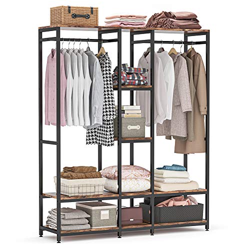 Tribesigns Double Rod Free standing Closet Organizer,Heavy Duty Clothes Closet Storage with Shelves, Extra Large Wardrobe Clothes Garment Rack, Shelving Unit Capacity 500 lb, (Vingtage Dark Walnut)