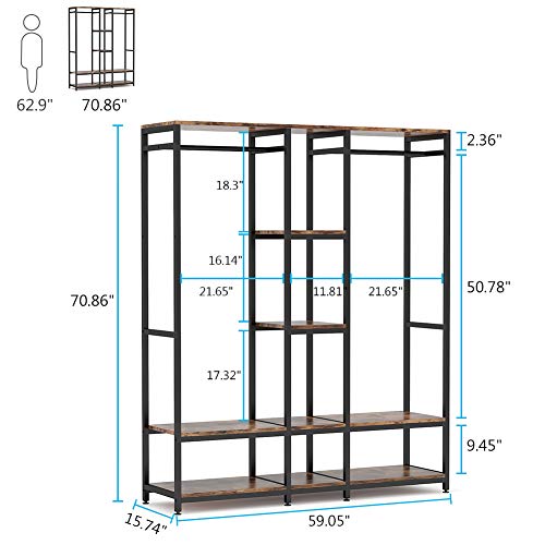 Tribesigns Double Rod Free standing Closet Organizer,Heavy Duty Clothes Closet Storage with Shelves, Extra Large Wardrobe Clothes Garment Rack, Shelving Unit Capacity 500 lb, (Vingtage Dark Walnut)