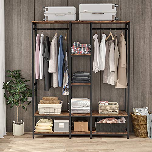 Tribesigns Double Rod Free standing Closet Organizer,Heavy Duty Clothes Closet Storage with Shelves, Extra Large Wardrobe Clothes Garment Rack, Shelving Unit Capacity 500 lb, (Vingtage Dark Walnut)