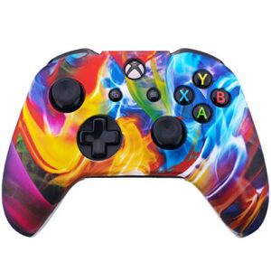 YoRHa Printing Rubber Silicone Cover Skin Case for Xbox One S/X Controller x 1(Colourful Stream) with Thumb Grips x 10