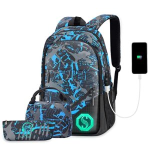 goodking laptop backpack for boys school bags for kids with usb charging port, water resistant backpack travel daypack 15.6" laptop bag with lunch bag and pencil case