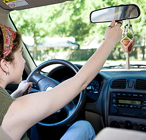 TIMECOSY Mini Macrame Plant Hanger Rear View Mirror Car Cactus Charm Decorations Boho Hanging Plant Holder, Tiny Car Succulent Gifts for Plant Lover, 10.5-Inch