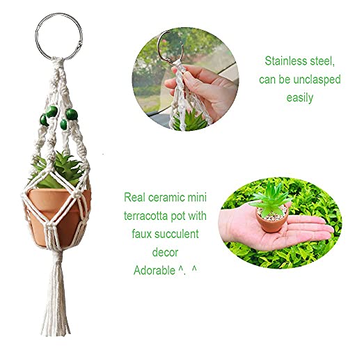 TIMECOSY Mini Macrame Plant Hanger Rear View Mirror Car Cactus Charm Decorations Boho Hanging Plant Holder, Tiny Car Succulent Gifts for Plant Lover, 10.5-Inch