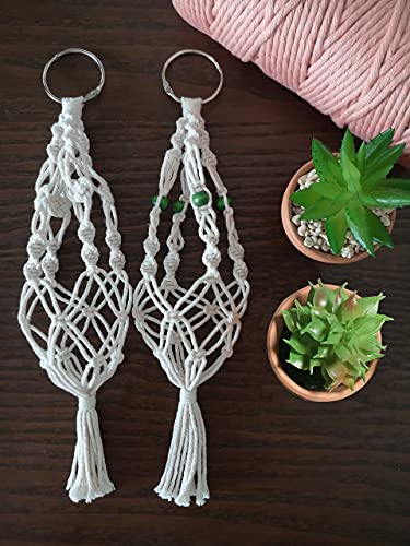 TIMECOSY Mini Macrame Plant Hanger Rear View Mirror Car Cactus Charm Decorations Boho Hanging Plant Holder, Tiny Car Succulent Gifts for Plant Lover, 10.5-Inch