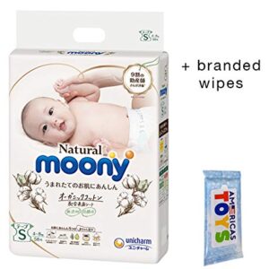 Baby Organic Diapers – Moony Natural Diapers Bundle with Americas Toys Wipes – Japanese Diapers Organic Cotton Additive-Free Ingredients Notification Strips Packaging May Vary Small (9-18 lb) 58 Count