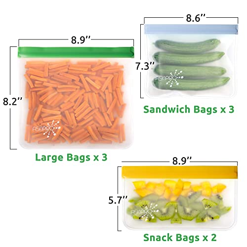 Aski Pro 8 Count Reusable Silicone Sandwich and Snack Bags with Bonus Towel, Pen and Labels-Leakproof, Washable and Eco-Friendly with Dual Ziplock Tops- Available in 3 Different Sizes