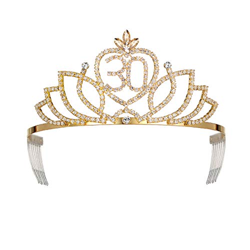 YZHSTONE Women 30th Birthday Queen Tiaras Crown Gold Metal Rhinestone Crystal Birthday Tiaras Crowns