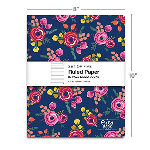 Elan Publishing Company Assorted Pattern Field Memo Notebooks, 8x10 in Lined Office Notepads for Nurses, Teachers, and Students - Small and Easy to Carry Pocketbook, Quick Note Taking, 5 Pack