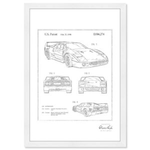 the oliver gal artist co. vintage transportation wall art prints '_ferrari f40 1990, silver metallic' framed blueprints home décor, 13" x 19", gray, white