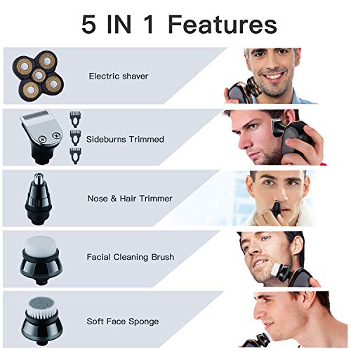 Electric Razor for Men Head Shaver for Bald Men Grooming Kit 5 in 1 Wet Dry Rotary Shavers Nose Hair Beard Trimmer Clippers Facial Cleansing Brush Cordless Waterproof USB Charging Rechargeable