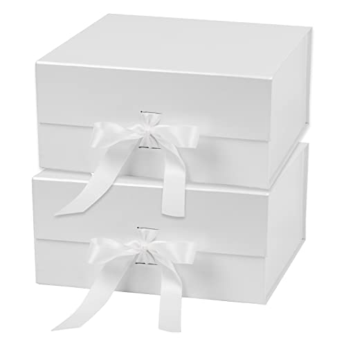 WRAPAHOLIC 2Pcs White Gift Box with Satin Ribbon, 8x8x4 Inches Collapsible Gift Box with Magnetic Closure for Party, Wedding, Gift Wrap, Bridesmaid Proposal, Storage