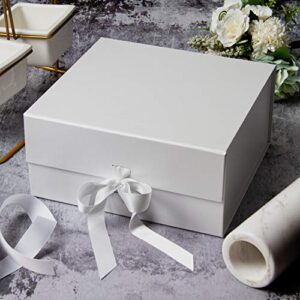 WRAPAHOLIC 2Pcs White Gift Box with Satin Ribbon, 8x8x4 Inches Collapsible Gift Box with Magnetic Closure for Party, Wedding, Gift Wrap, Bridesmaid Proposal, Storage