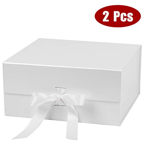 WRAPAHOLIC 2Pcs White Gift Box with Satin Ribbon, 8x8x4 Inches Collapsible Gift Box with Magnetic Closure for Party, Wedding, Gift Wrap, Bridesmaid Proposal, Storage