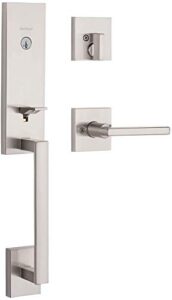 kwikset vancouver front door lock handle and deadbolt set, entry handleset exterior with interior reversible lever, satin nickel, pick resistant smartkey rekey deadbolt security