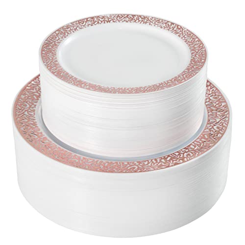 FOCUSLINE 102 pcs Rose Gold Plastic Party Plates Lace Design Disposable Plates Set, 51 Heavy Duty 10.25 Inch Dinner Plates and 51 7.5 Inch Dessert Plates