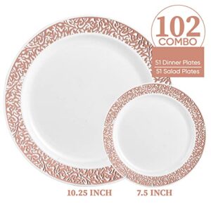 FOCUSLINE 102 pcs Rose Gold Plastic Party Plates Lace Design Disposable Plates Set, 51 Heavy Duty 10.25 Inch Dinner Plates and 51 7.5 Inch Dessert Plates