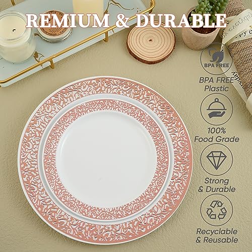 FOCUSLINE 102 pcs Rose Gold Plastic Party Plates Lace Design Disposable Plates Set, 51 Heavy Duty 10.25 Inch Dinner Plates and 51 7.5 Inch Dessert Plates