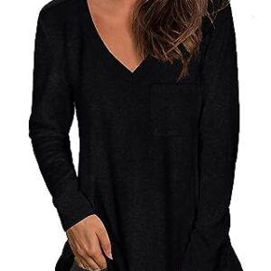 Tobrief Womens Loose Casual Long Sleeve V-neck T Shirt Tunic Tops for Leggings (S, Black-1)