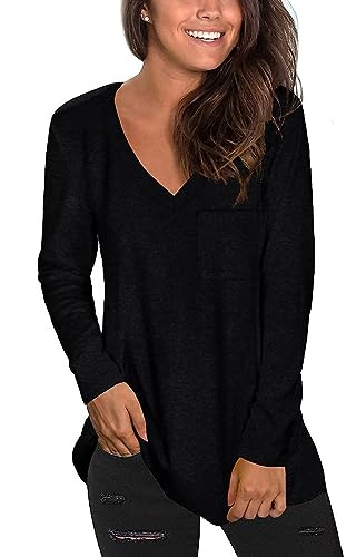 Tobrief Womens Loose Casual Long Sleeve V-neck T Shirt Tunic Tops for Leggings (S, Black-1)