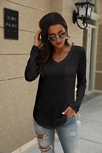 Tobrief Womens Loose Casual Long Sleeve V-neck T Shirt Tunic Tops for Leggings (S, Black-1)