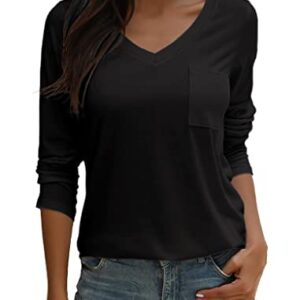 Tobrief Womens Loose Casual Long Sleeve V-neck T Shirt Tunic Tops for Leggings (S, Black-1)