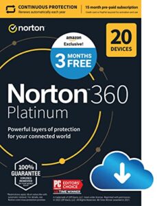 norton 360 platinum 2023, antivirus software for 20 devices with auto renewal - 3 months free - includes vpn, pc cloud backup & dark web monitoring [download]