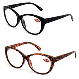 2 pairs deluxe women reading glasses - magnified readers cateye vintage jackie oval (1 black 1 tortoise, 1.25)