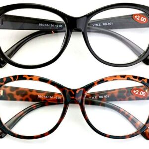 2 Pairs Deluxe Women Reading glasses - Magnified Readers Cateye Vintage Jackie Oval (1 Black 1 Tortoise, 1.25)