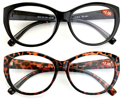 2 Pairs Deluxe Women Reading glasses - Magnified Readers Cateye Vintage Jackie Oval (1 Black 1 Tortoise, 1.25)