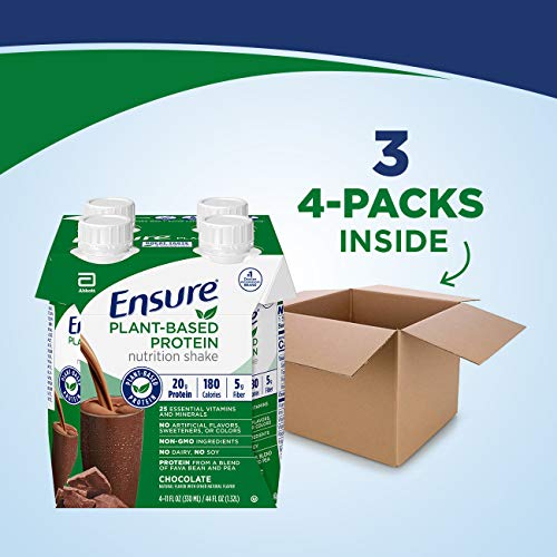 Ensure 100% Plant-Based Vegan Protein Nutrition Shakes with 20g Fava Bean and Pea Protein, Chocolate, 11 Fl Oz, 12 Count