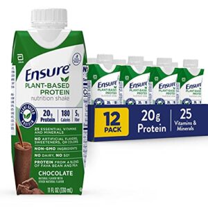 ensure 100% plant-based vegan protein nutrition shakes with 20g fava bean and pea protein, chocolate, 11 fl oz, 12 count