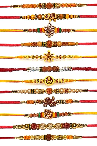 Rakhi for brother | Rakhi Set of 12 for Brother | Rakhee Bracelet on Festival of Raksha Bandhan for Brothers | Made by fine Threads Rudraksha Kundan Multicolored Stone and Small White Beads