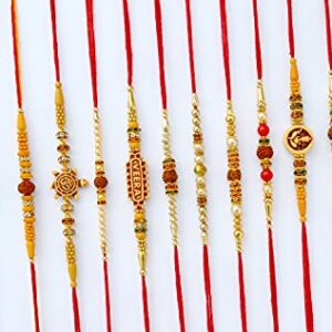 Rakhi for brother | Rakhi Set of 12 for Brother | Rakhee Bracelet on Festival of Raksha Bandhan for Brothers | Made by fine Threads Rudraksha Kundan Multicolored Stone and Small White Beads