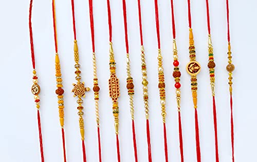 Rakhi for brother | Rakhi Set of 12 for Brother | Rakhee Bracelet on Festival of Raksha Bandhan for Brothers | Made by fine Threads Rudraksha Kundan Multicolored Stone and Small White Beads