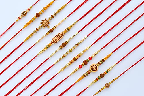 Rakhi for brother | Rakhi Set of 12 for Brother | Rakhee Bracelet on Festival of Raksha Bandhan for Brothers | Made by fine Threads Rudraksha Kundan Multicolored Stone and Small White Beads