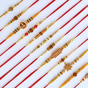 Rakhi for brother | Rakhi Set of 12 for Brother | Rakhee Bracelet on Festival of Raksha Bandhan for Brothers | Made by fine Threads Rudraksha Kundan Multicolored Stone and Small White Beads