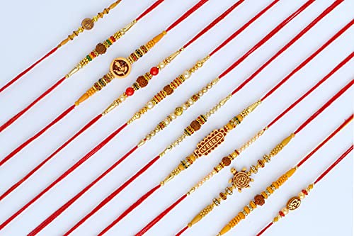 Rakhi for brother | Rakhi Set of 12 for Brother | Rakhee Bracelet on Festival of Raksha Bandhan for Brothers | Made by fine Threads Rudraksha Kundan Multicolored Stone and Small White Beads