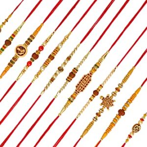 Rakhi for brother | Rakhi Set of 12 for Brother | Rakhee Bracelet on Festival of Raksha Bandhan for Brothers | Made by fine Threads Rudraksha Kundan Multicolored Stone and Small White Beads