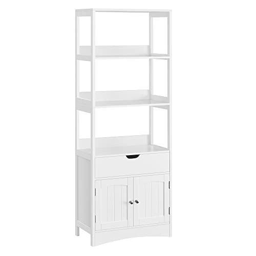 VASAGLE Bathroom Storage Cabinet, Freestanding Linen Tower, Tall Bookcase with 3 Open Shelves, 1 Large Drawer, 12.8 x 23.6 x 60.6 Inches, for Entryway, Kitchen, Study, White UBBC67WT