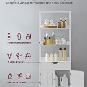 VASAGLE Bathroom Storage Cabinet, Freestanding Linen Tower, Tall Bookcase with 3 Open Shelves, 1 Large Drawer, 12.8 x 23.6 x 60.6 Inches, for Entryway, Kitchen, Study, White UBBC67WT