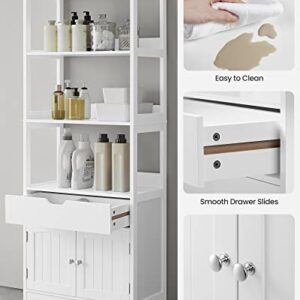 VASAGLE Bathroom Storage Cabinet, Freestanding Linen Tower, Tall Bookcase with 3 Open Shelves, 1 Large Drawer, 12.8 x 23.6 x 60.6 Inches, for Entryway, Kitchen, Study, White UBBC67WT