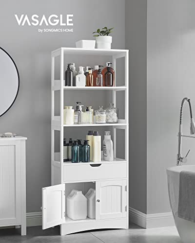 VASAGLE Bathroom Storage Cabinet, Freestanding Linen Tower, Tall Bookcase with 3 Open Shelves, 1 Large Drawer, 12.8 x 23.6 x 60.6 Inches, for Entryway, Kitchen, Study, White UBBC67WT