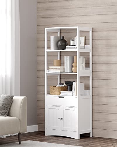 VASAGLE Bathroom Storage Cabinet, Freestanding Linen Tower, Tall Bookcase with 3 Open Shelves, 1 Large Drawer, 12.8 x 23.6 x 60.6 Inches, for Entryway, Kitchen, Study, White UBBC67WT