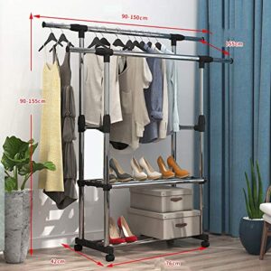 Coat Rack Coat Rack Stand,Coat Rack Coat Hat Stand Garment Rack, 2-Layer Storage with Pulley Adjustable Adjustable Drying Rack, Clothes Pole Hanger, Indoor/Balcony/Outdoor,Black