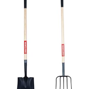 CRAFTSMAN CMXMKIT0070 2-Piece Long Wood Handle Composting Tool Set with Transfer Shovel and 5-Tine Manure Fork, Brown