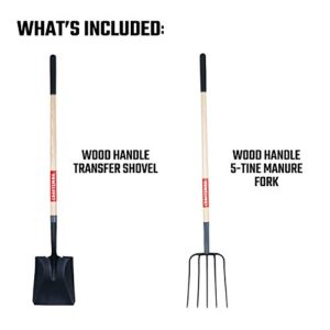 CRAFTSMAN CMXMKIT0070 2-Piece Long Wood Handle Composting Tool Set with Transfer Shovel and 5-Tine Manure Fork, Brown